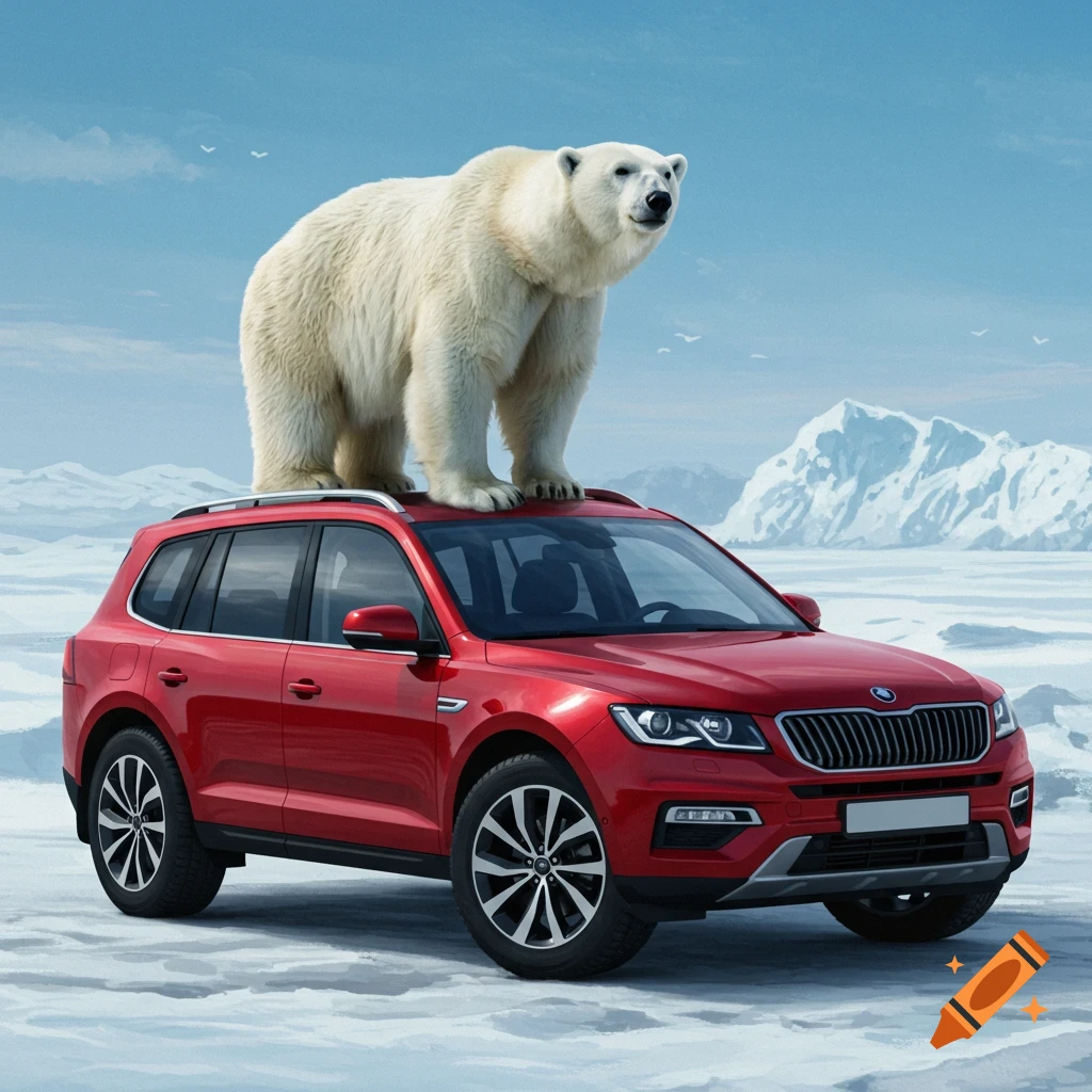 A polar bear stands on a red SUV in a snowy arctic landscape. on Craiyon