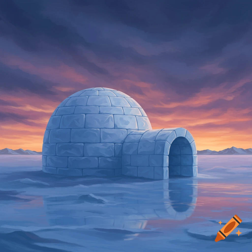 An igloo in a snowy landscape under a dramatic sunset sky. on Craiyon