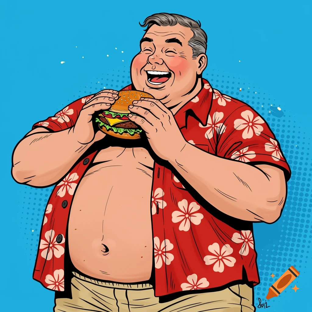 Overweight man eating a burger on Craiyon