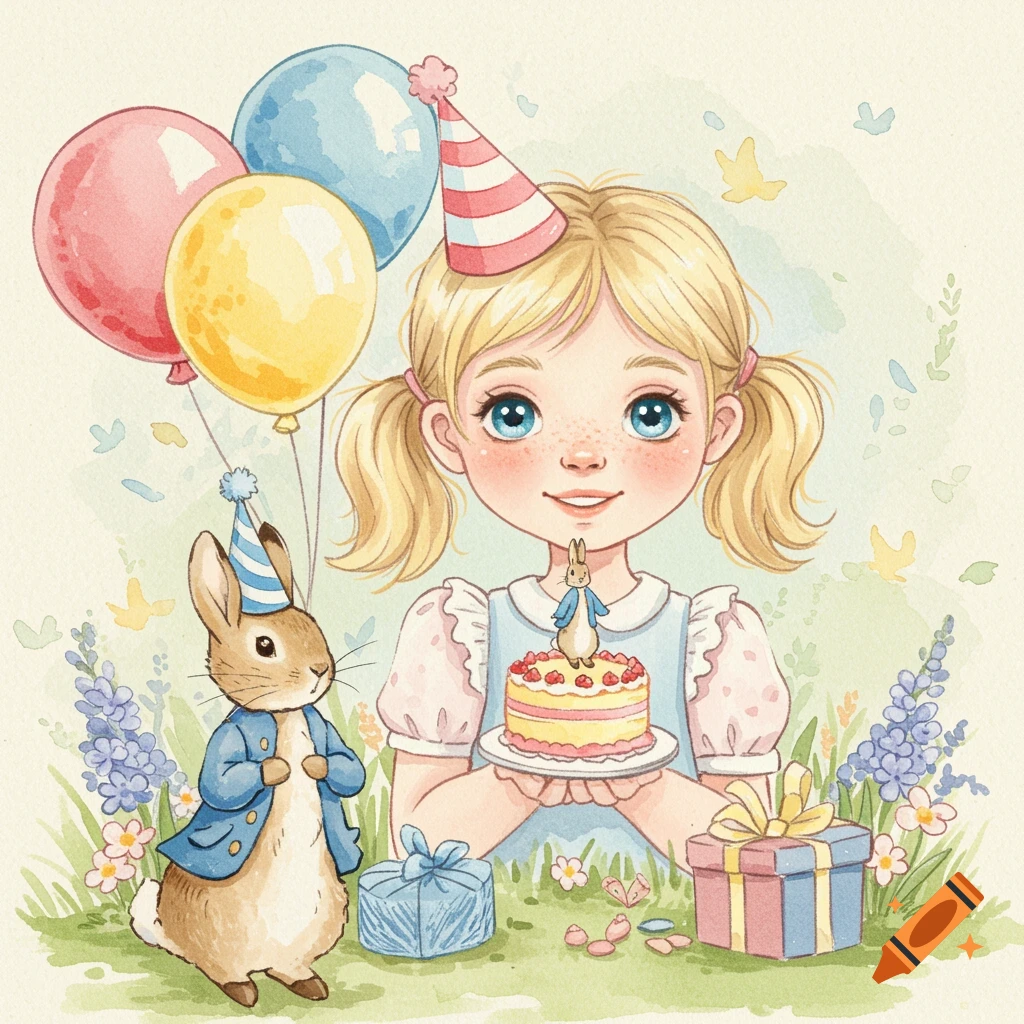 Watercolor illustration of a girl and Peter Rabbit celebrating a ...