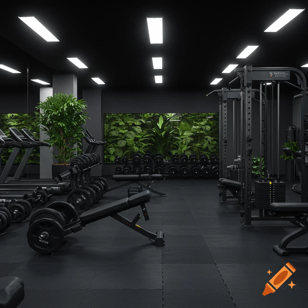 Modern black gym with natural light, LED lights, and plants on Craiyon