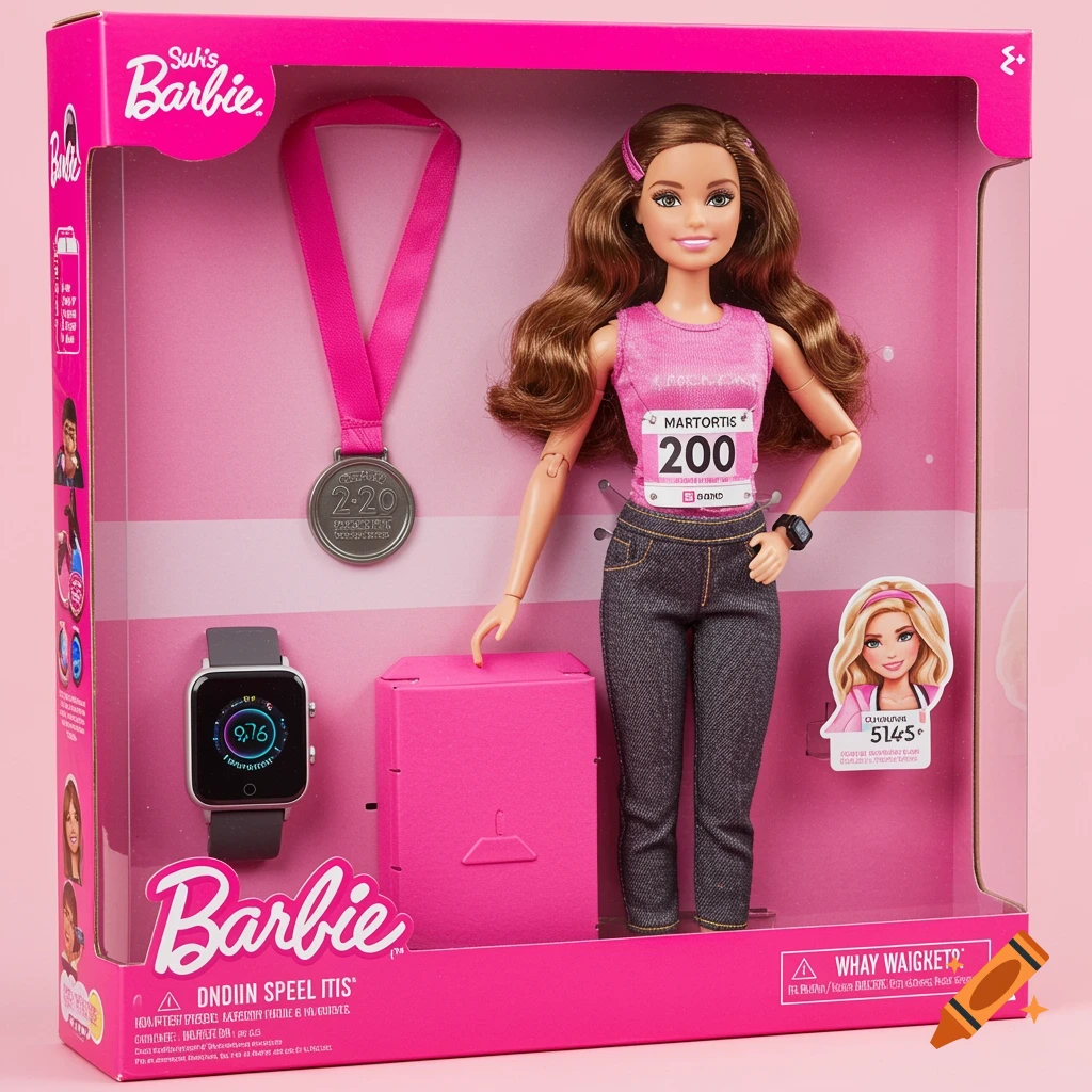 Barbie doll in a pink box with a medal, smartwatch, and accessory. on ...