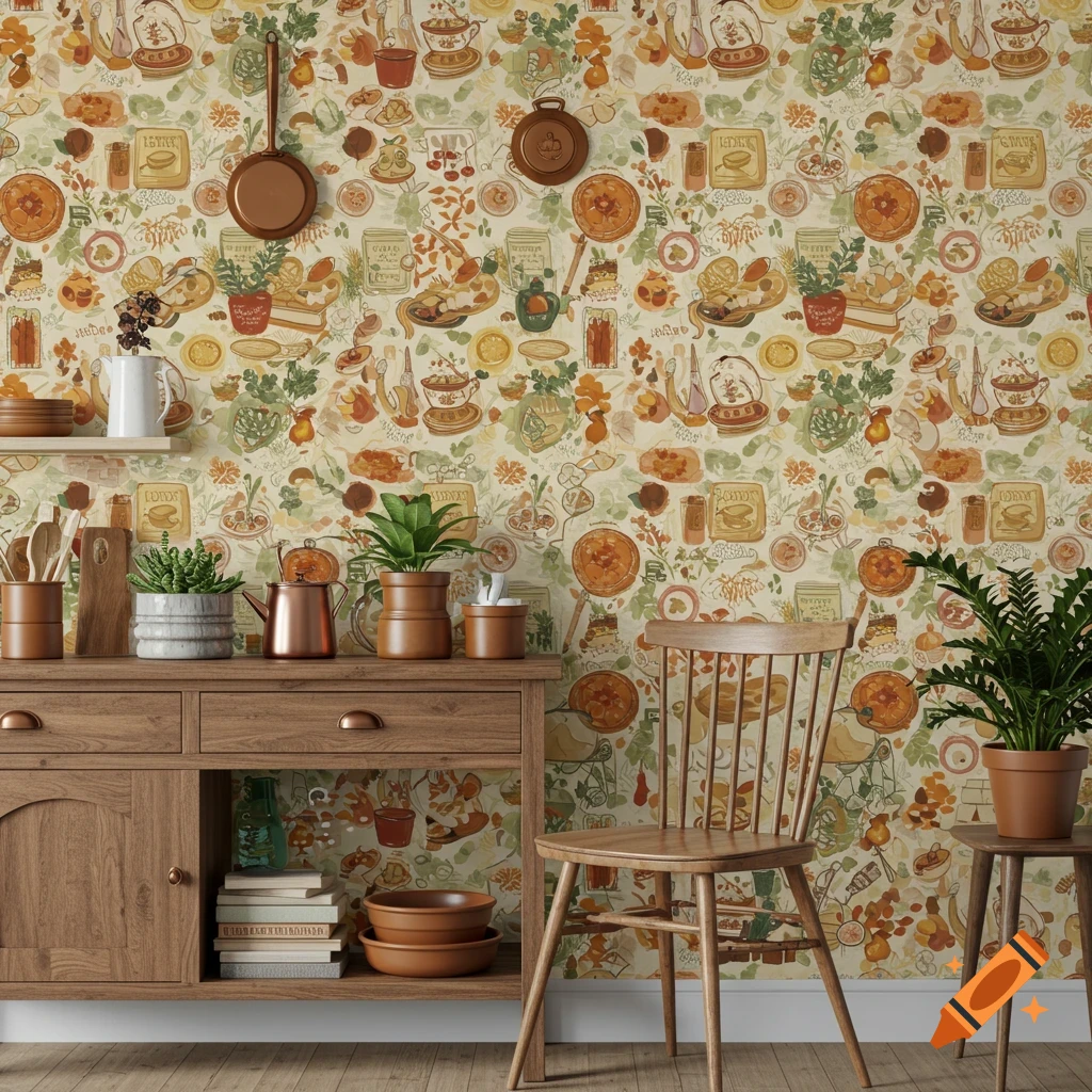 A kitchen interior with a wooden cabinet, chair, and plants, featuring ...