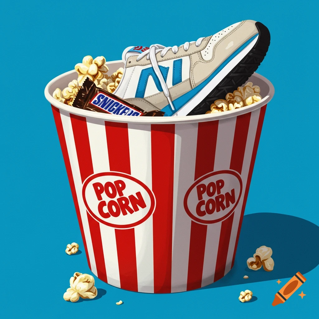 Popcorn bucket with running shoe and candy bar on Craiyon