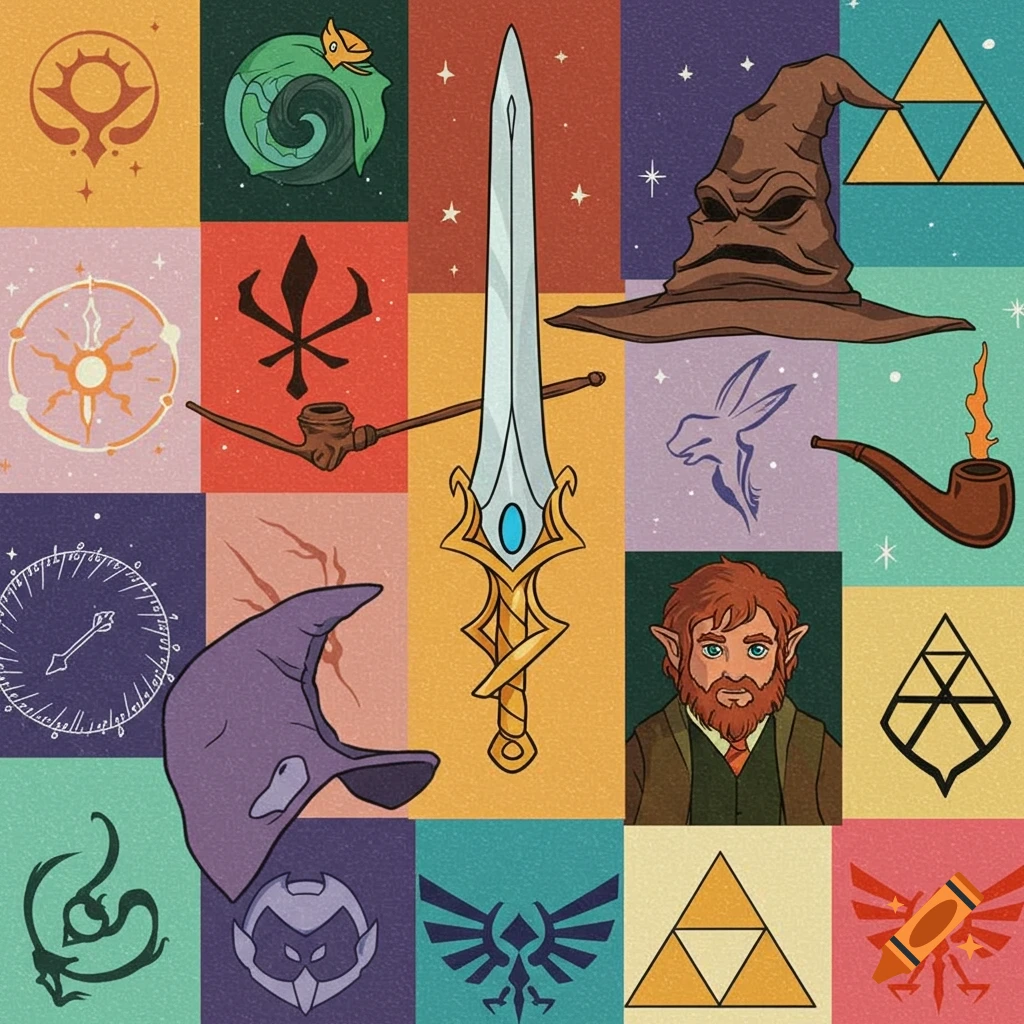 Collage of She-Ra, Harry Potter, Lord of the Rings, and Zelda symbols ...