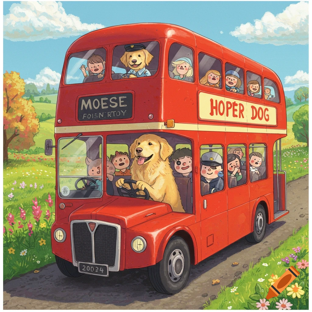 A cartoon golden retriever drives a red double-decker bus with children ...