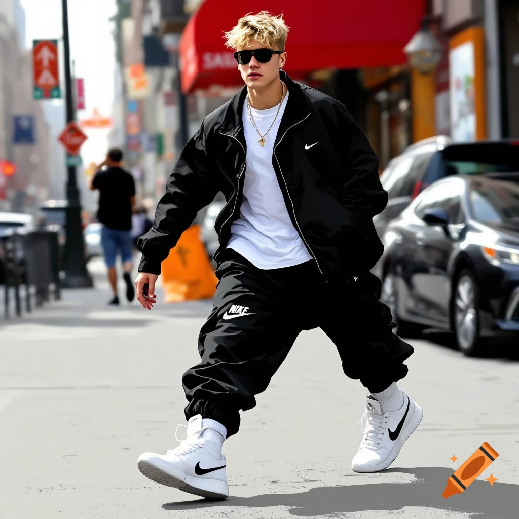 Man in black Nike tracksuit and white sneakers walks on a sunny city ...