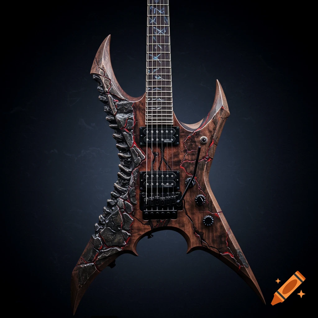 Gothic fantasy metal electric guitar shaped like a scythe on Craiyon
