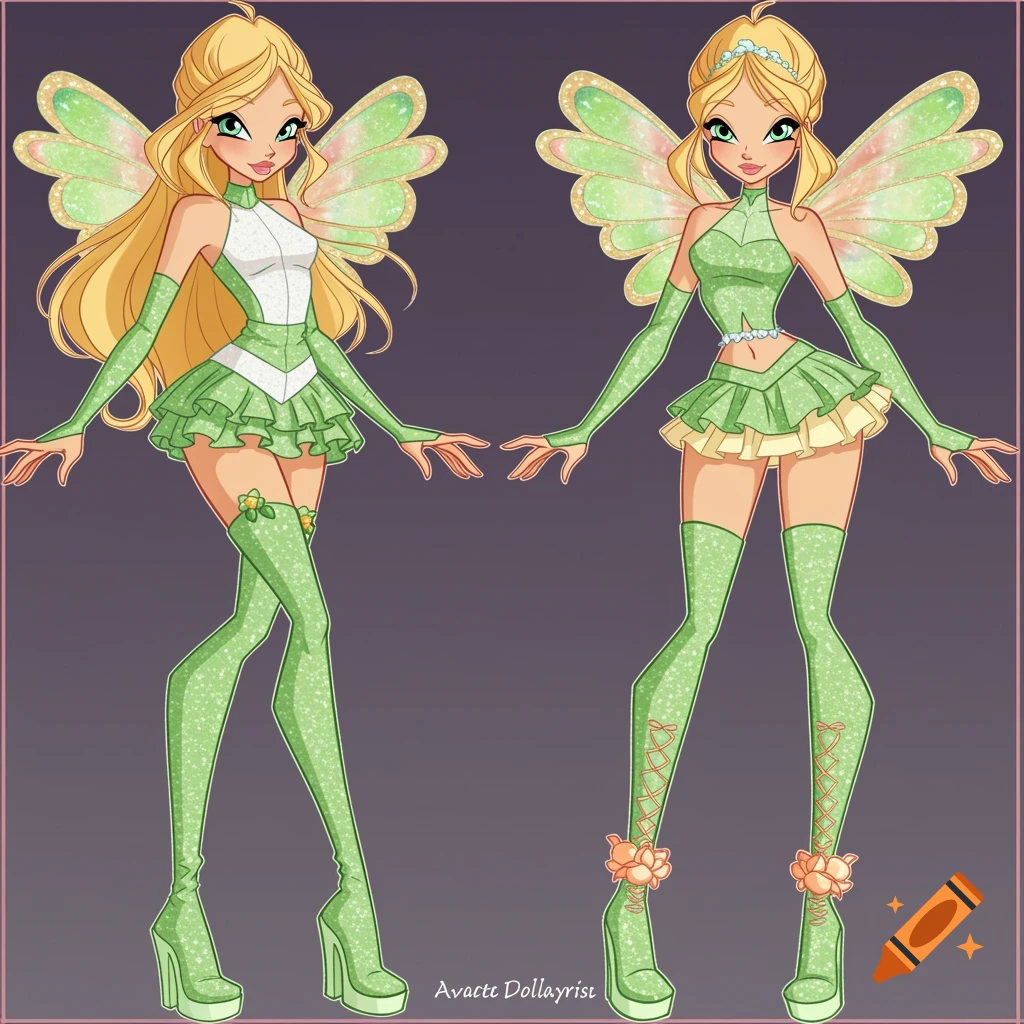 Two blonde fairy characters in green Winx Club style outfits with wings ...