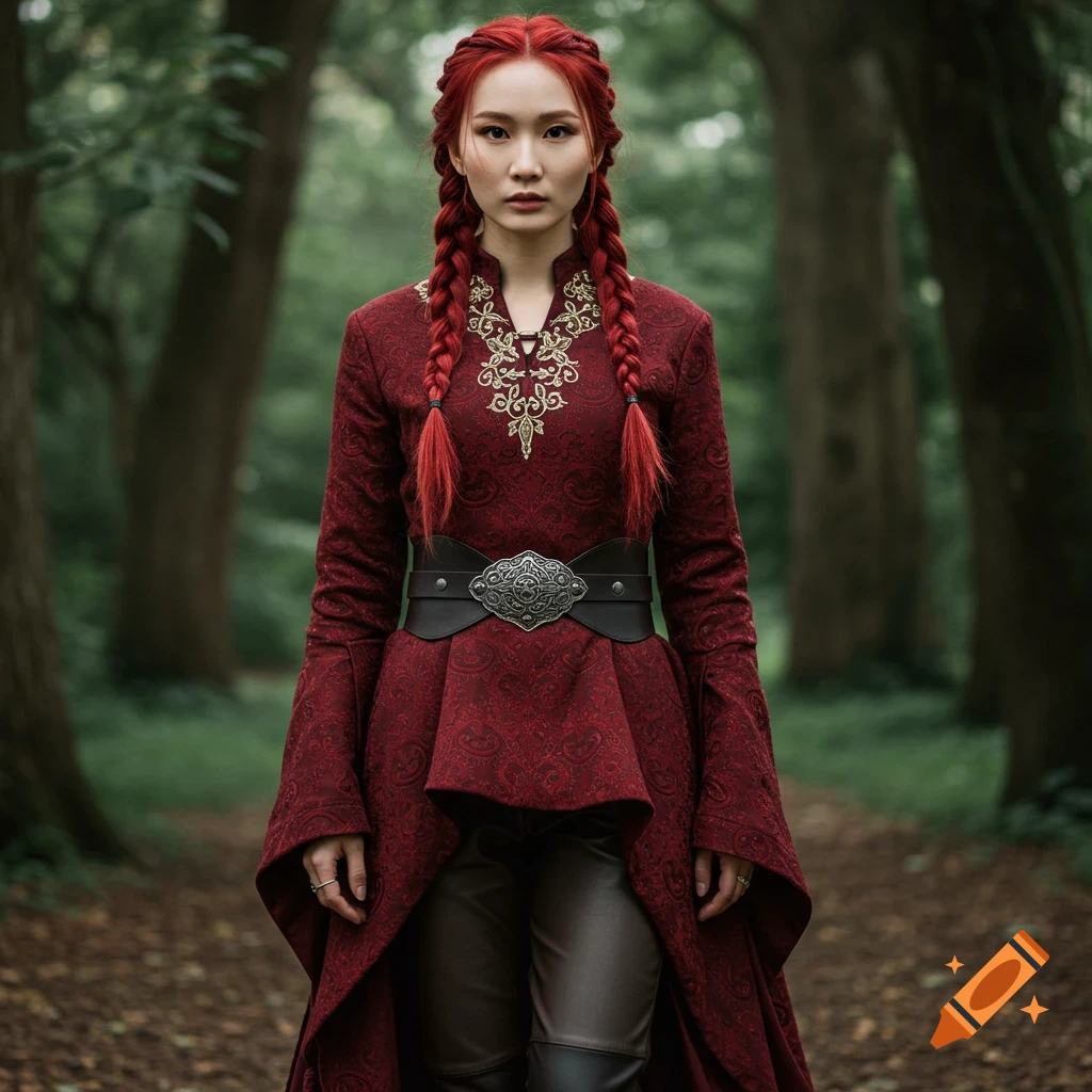 Red-haired Asian woman in tunic and leather trousers, medieval fantasy ...