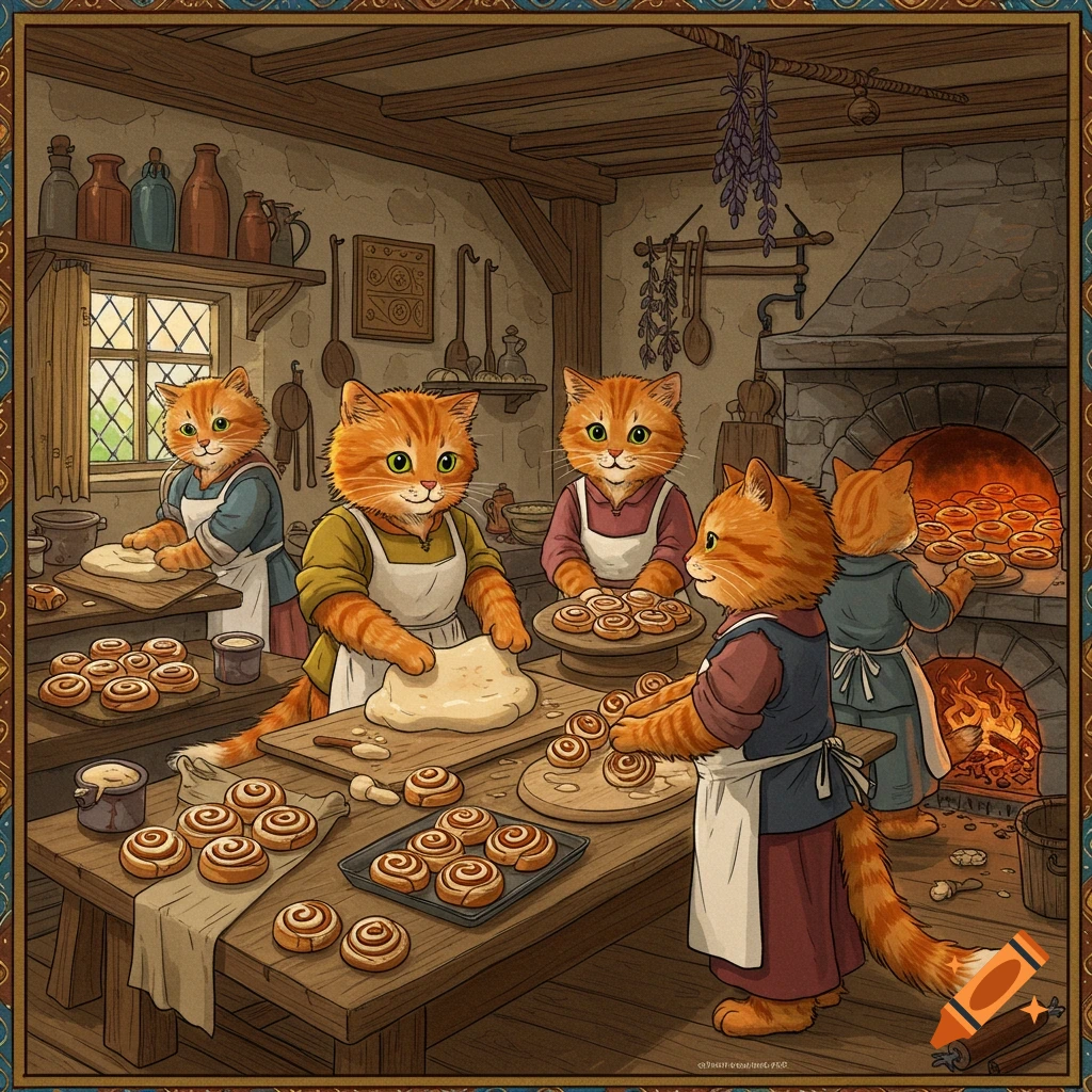 Medieval-style art of cats baking bread and cinnamon rolls on Craiyon