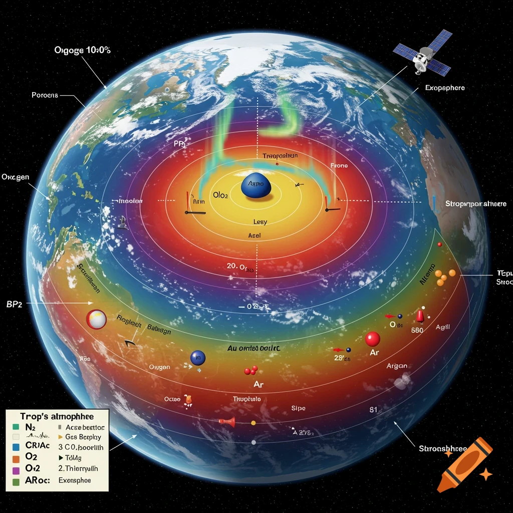 Earth's atmosphere diagram with labeled gases on Craiyon