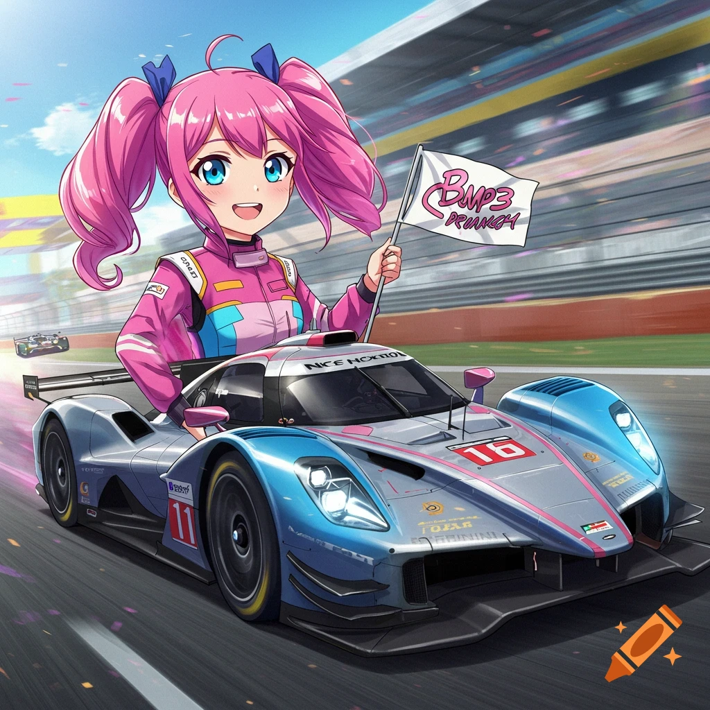 An anime girl in a racing suit sits next to a blue and silver race car ...