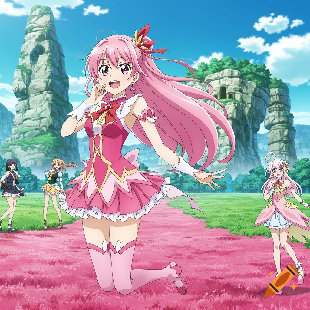 Three anime-style girls and three fantasy creatures stand in a vibrant ...