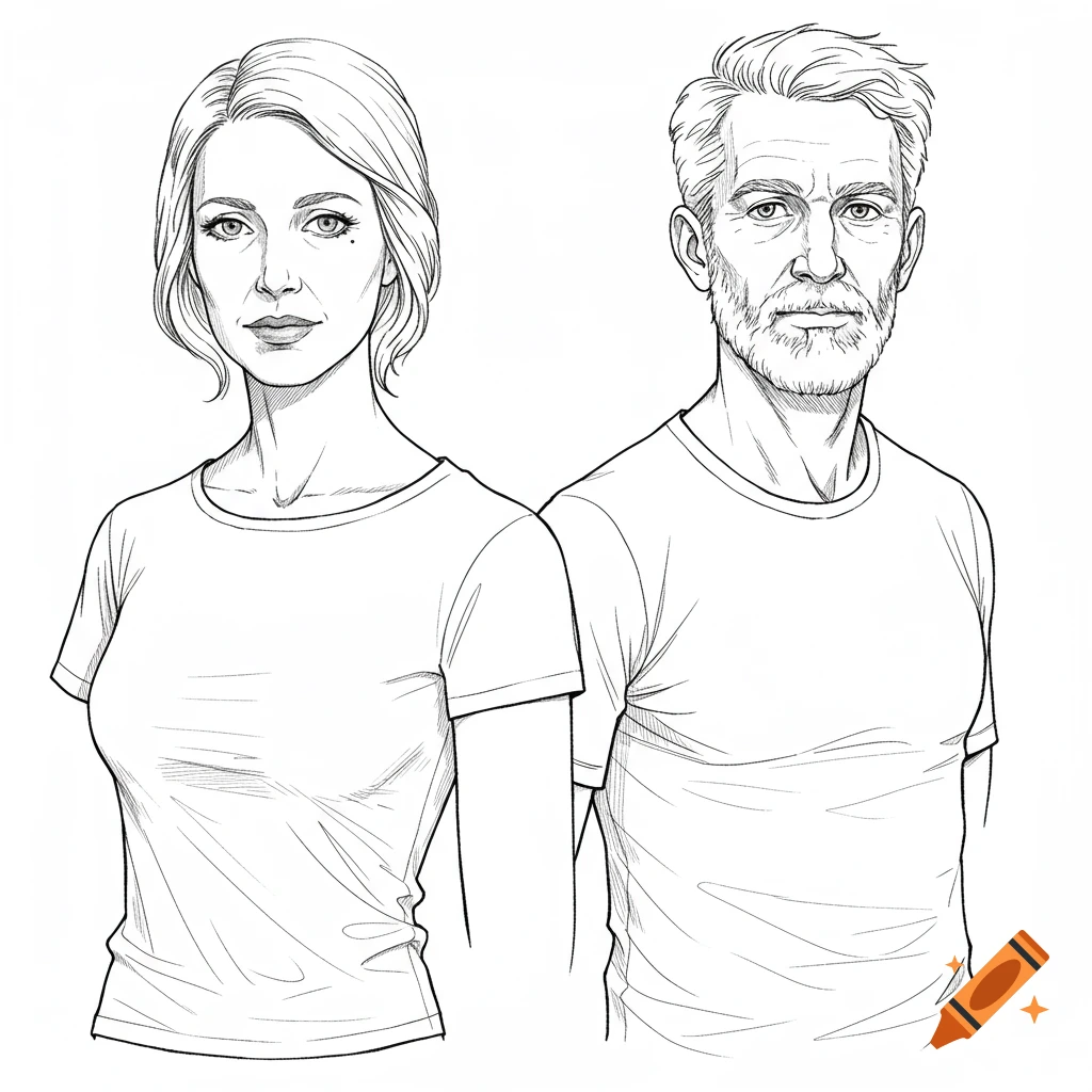 Linear black and white drawing of a Caucasian woman and man in ...