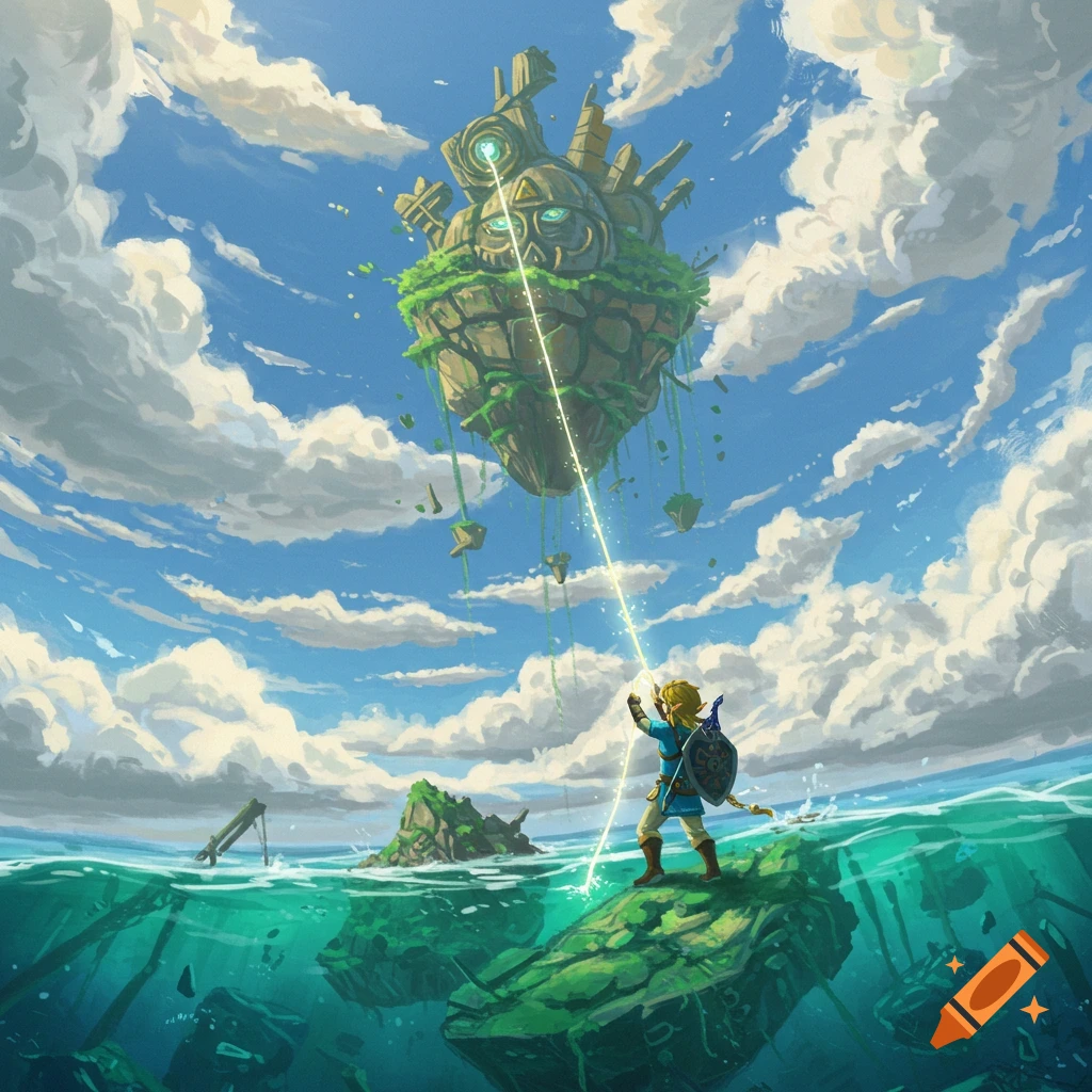 Link raising island with ropes in sky, Zelda-like game concept on Craiyon