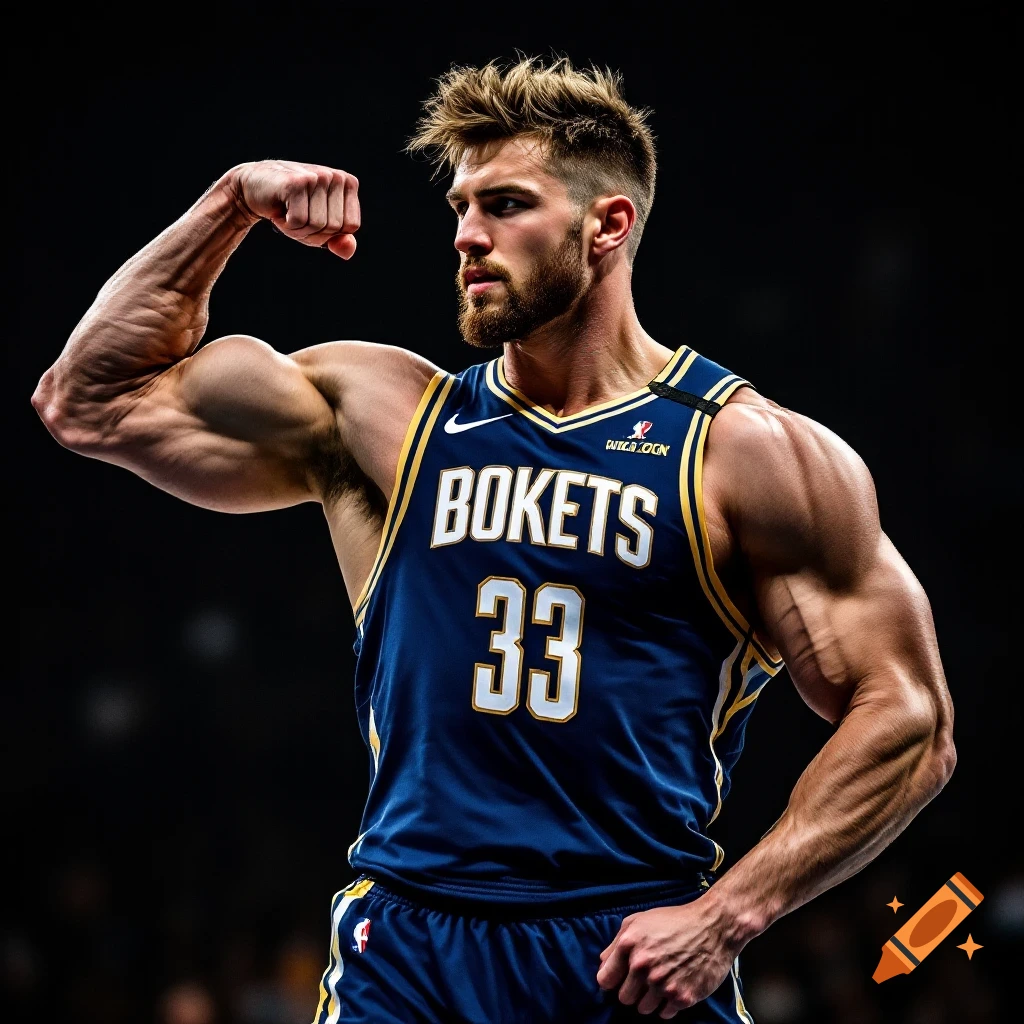 Muscular man in a basketball jersey holding a baby in an arena. on Craiyon