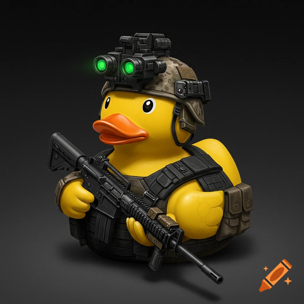 A rubber duck wearing tactical gear, including a helmet, night vision ...