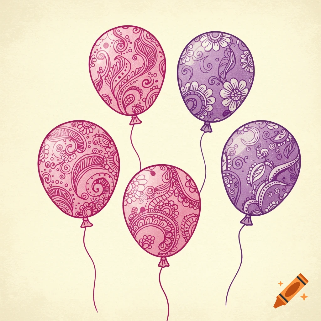 Flat line drawings of pink and purple balloons in henna tattoo style on ...