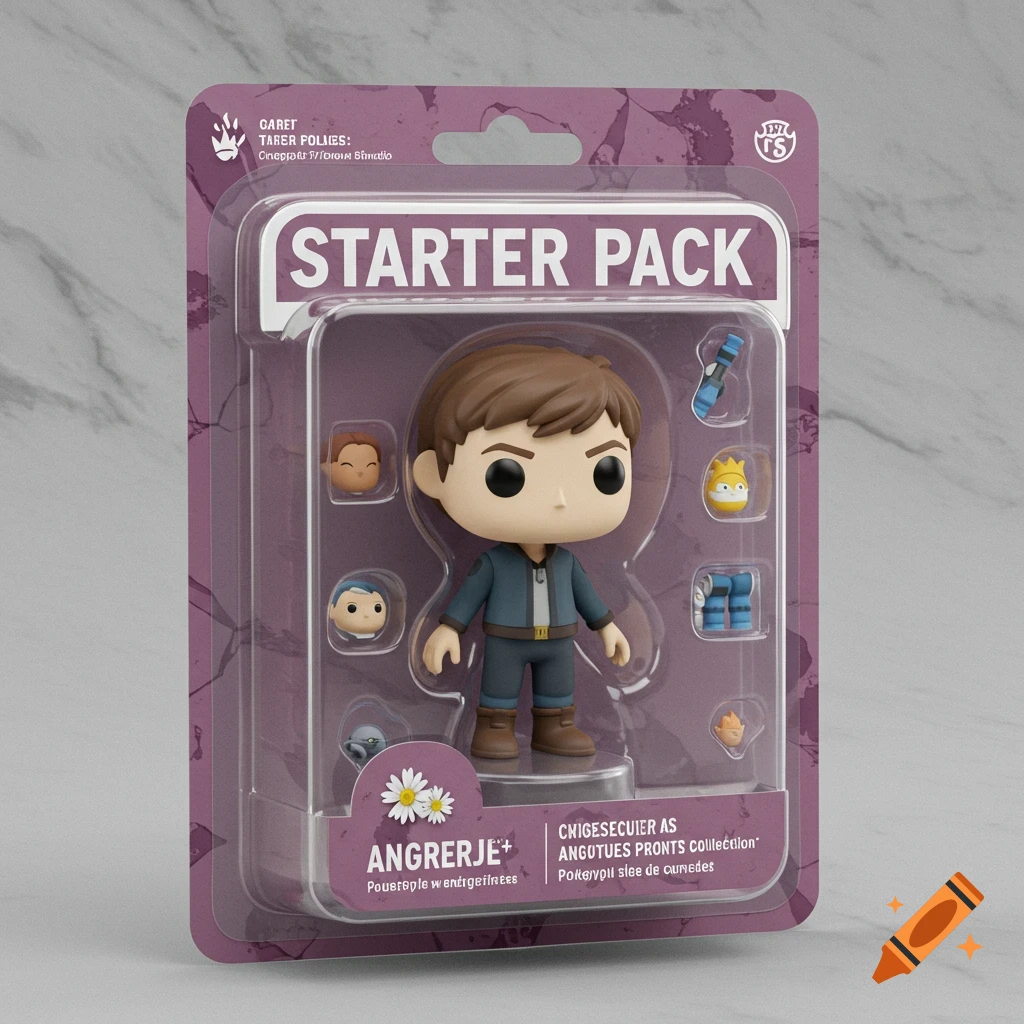 Starter Pack stylized 3D cartoon figurine in packaging on Craiyon