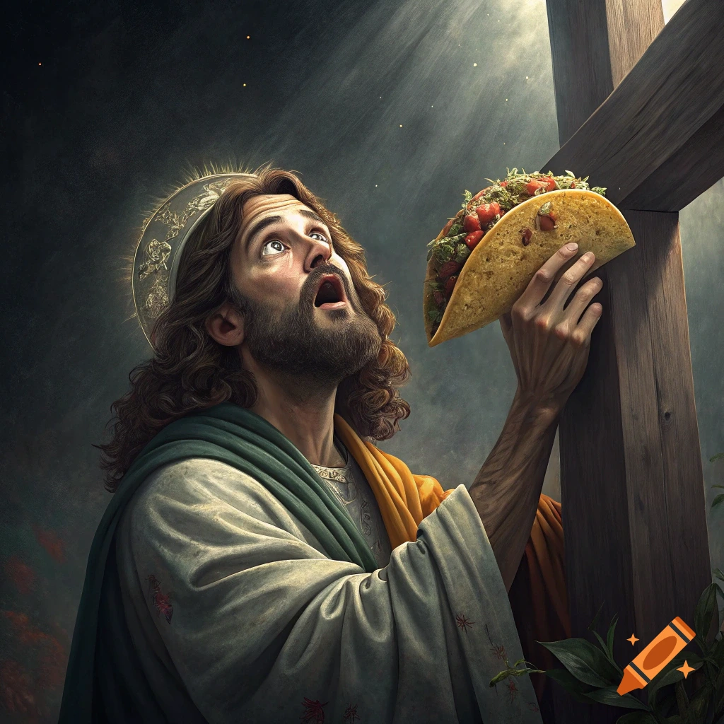 Jesus on the cross eating tacos on Craiyon