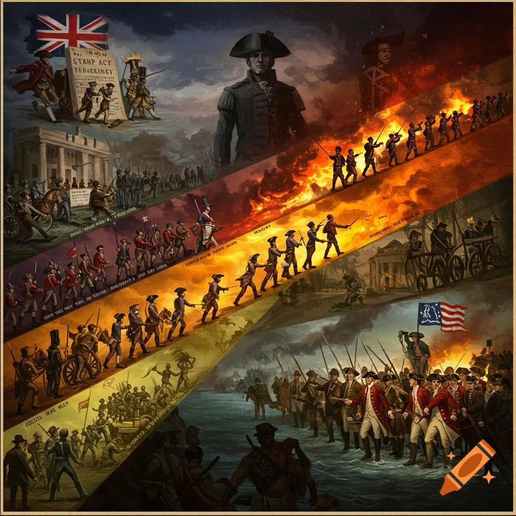 A depiction of scenes from the American Revolution, including the Stamp ...