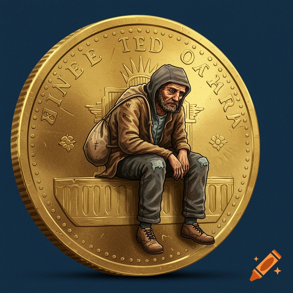 A digital illustration of a gold coin featuring a seated person in ...
