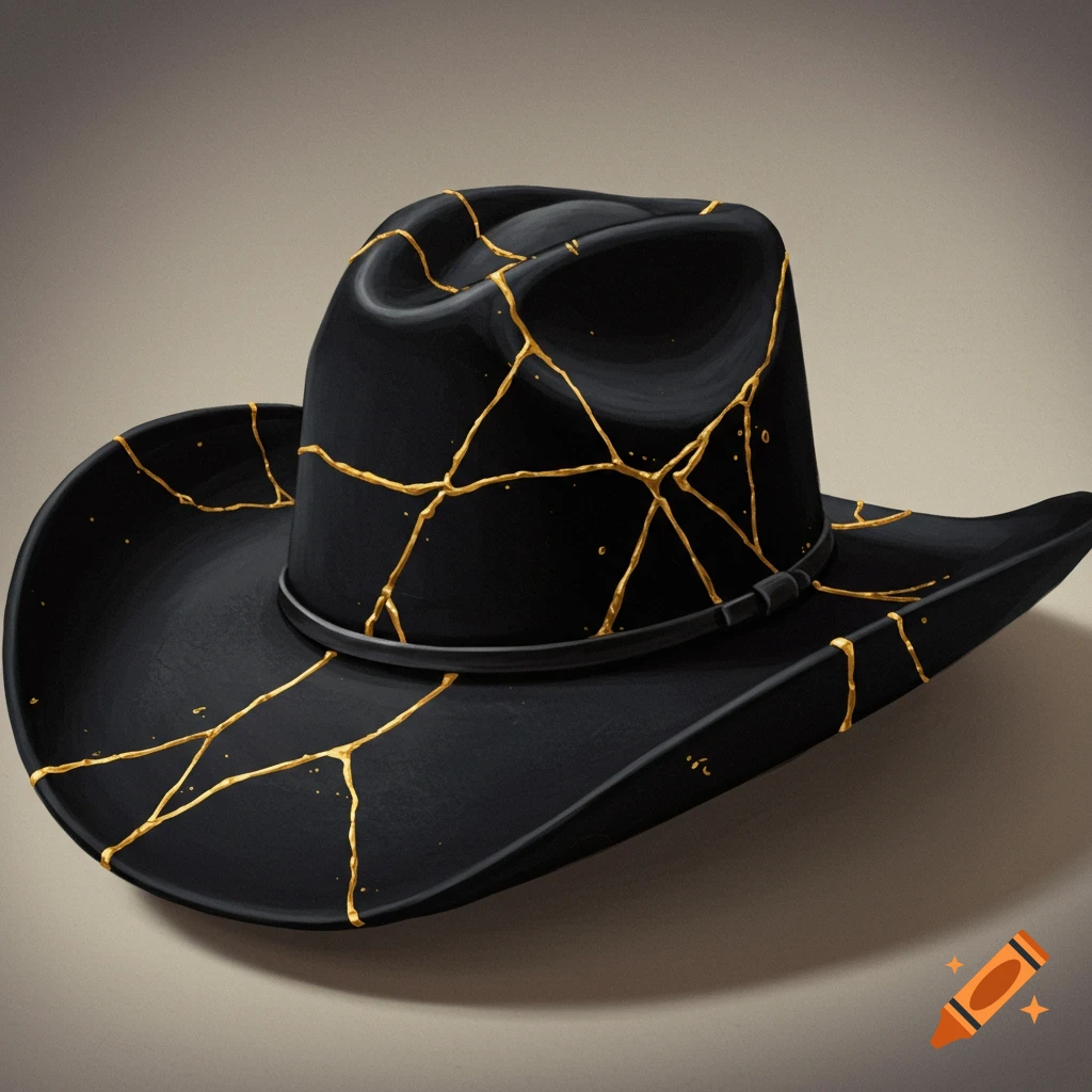 A black cowboy hat with golden Kintsugi lines on Craiyon