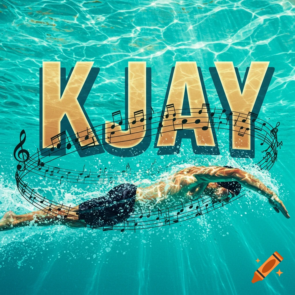 Swimmer swimming freestyle with the letters KJAY above his head and ...