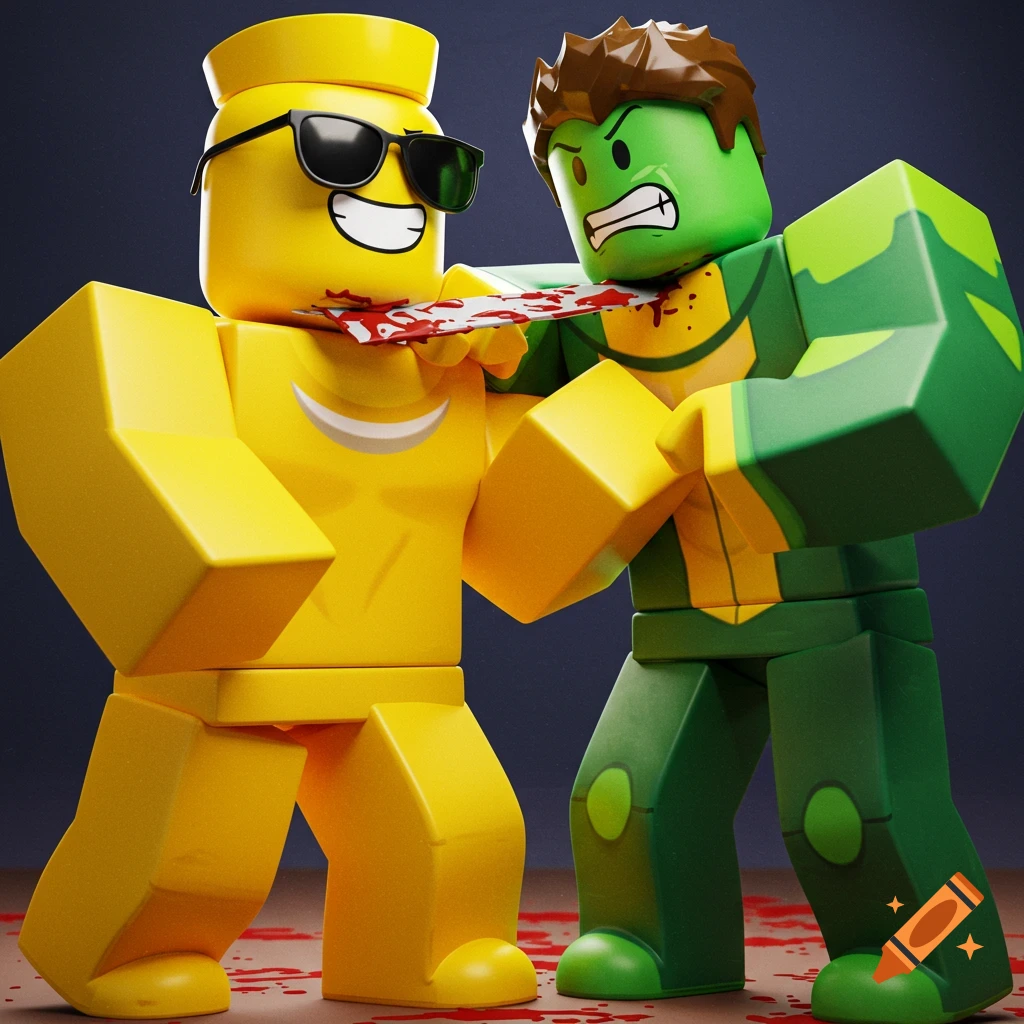 Cartoon of two Roblox characters fighting in a comic style with blood ...