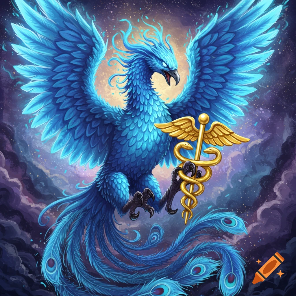 Blue flaming Phoenix clutching a caduceus icon on Craiyon