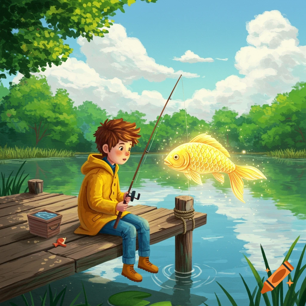 Boy fishing and talking to a golden fish on Craiyon