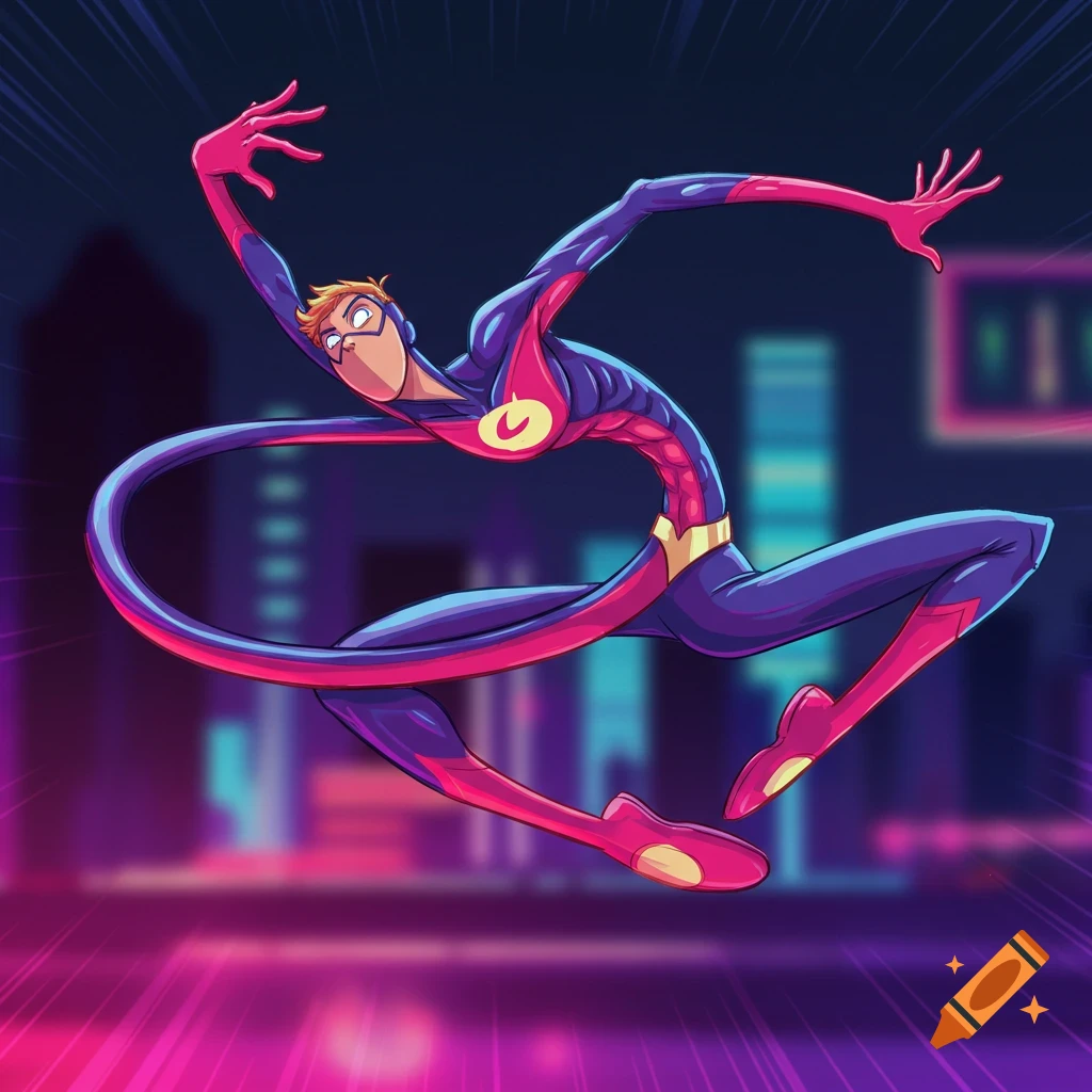 A cartoon stretchy superhero leaps in the air against a stylized city ...
