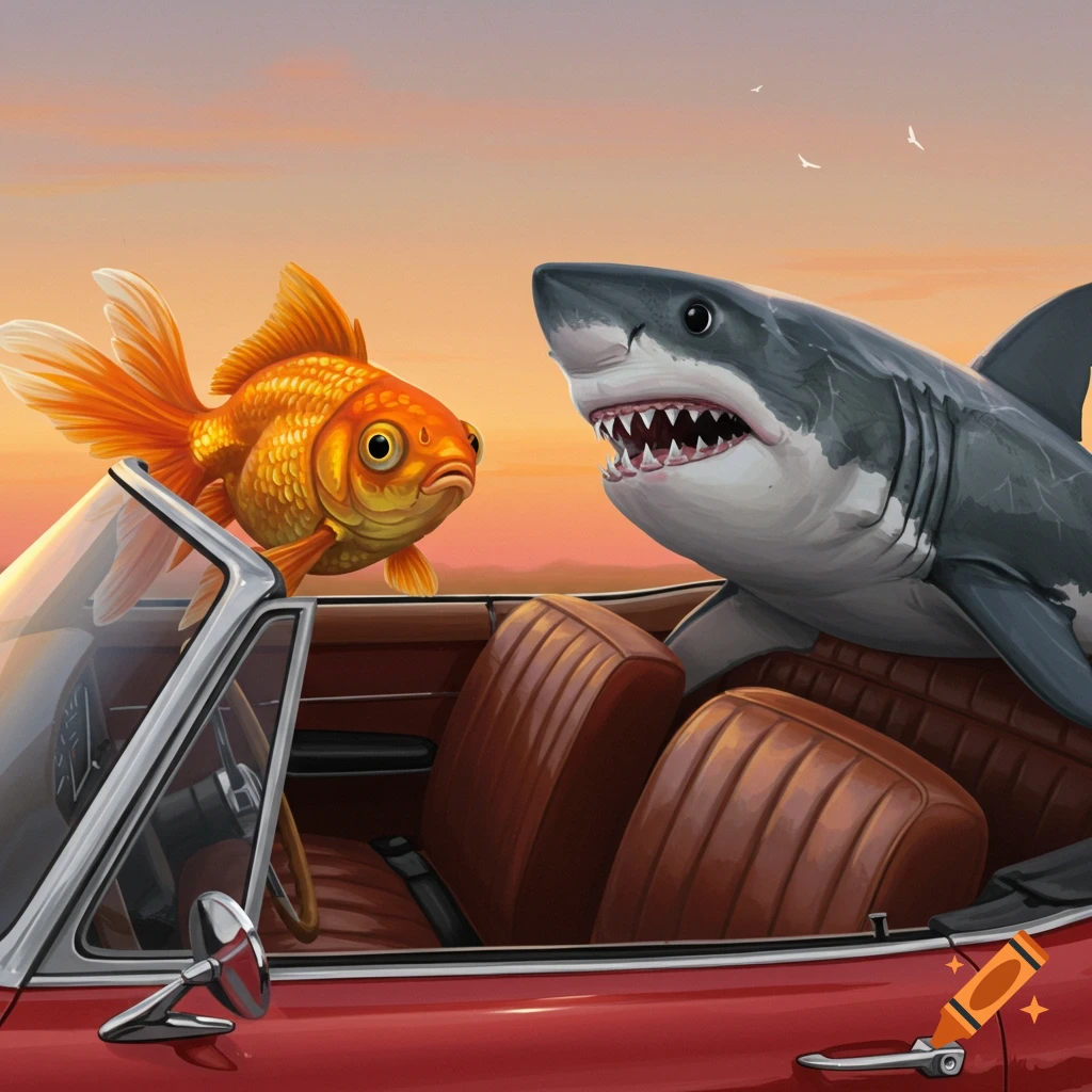 Goldfish and shark in a car on Craiyon