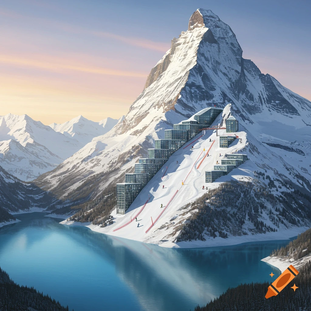 Ski resort built into mountain on lake on Craiyon