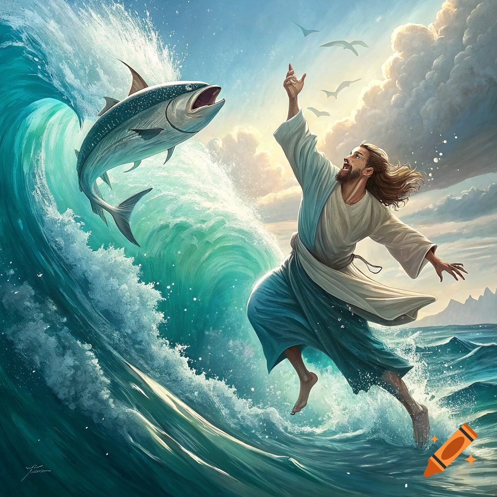 Jesus diving into the ocean catching a tuna with his teeth on Craiyon