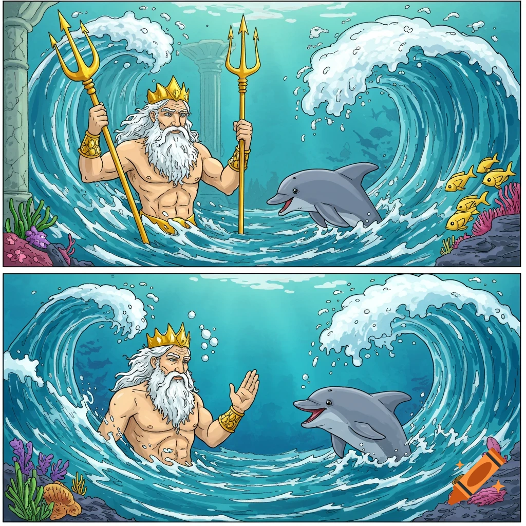 Poseidon with trident in underwater palace with dolphin on Craiyon