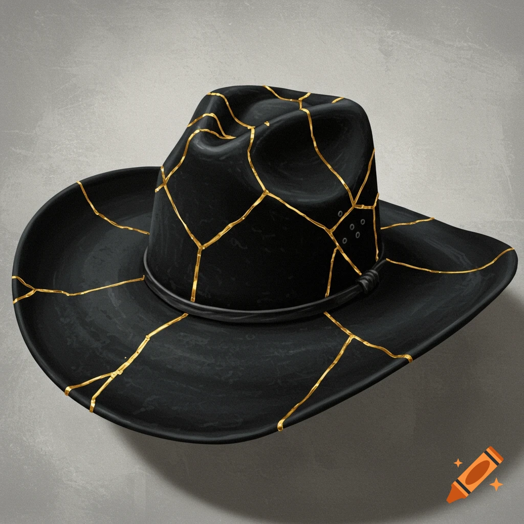 A black cowboy hat with golden Kintsugi lines on Craiyon