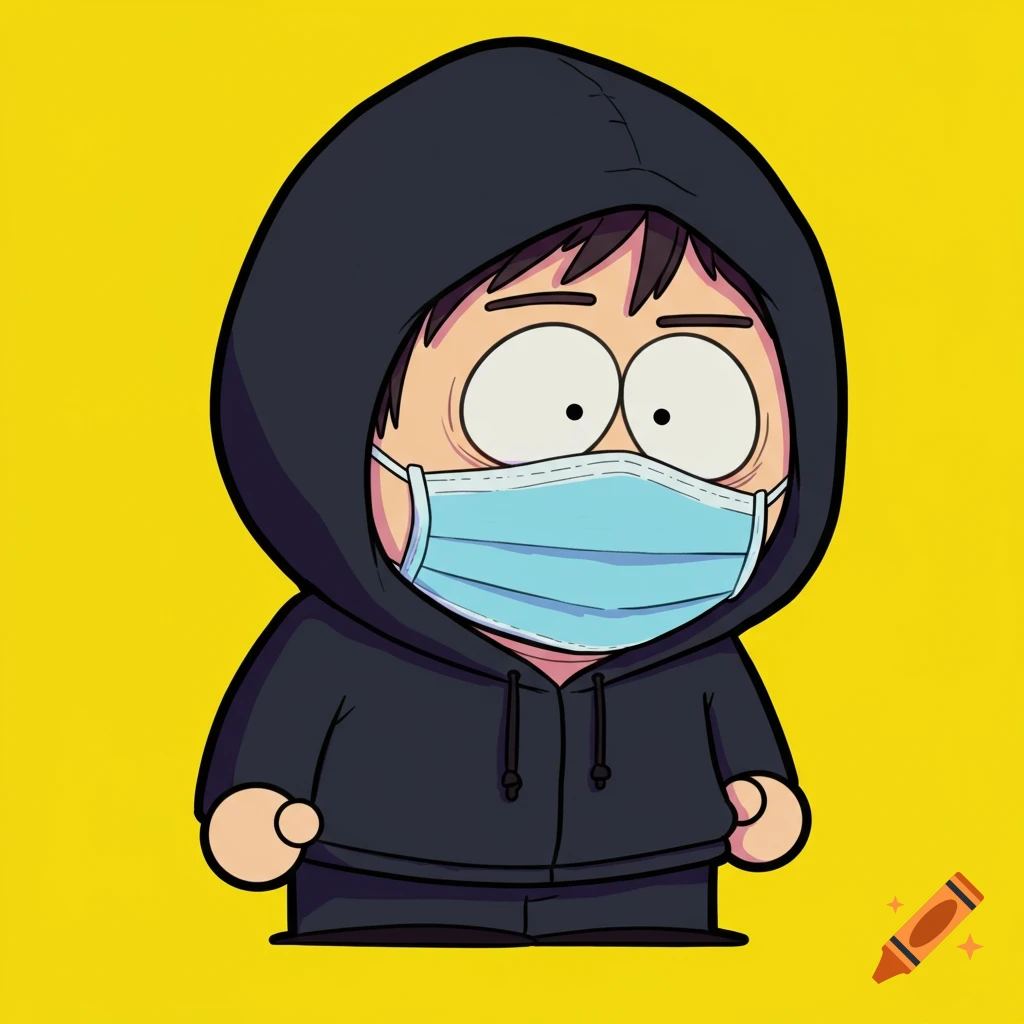 South Park-style cartoon character with surgical mask and hood on Craiyon