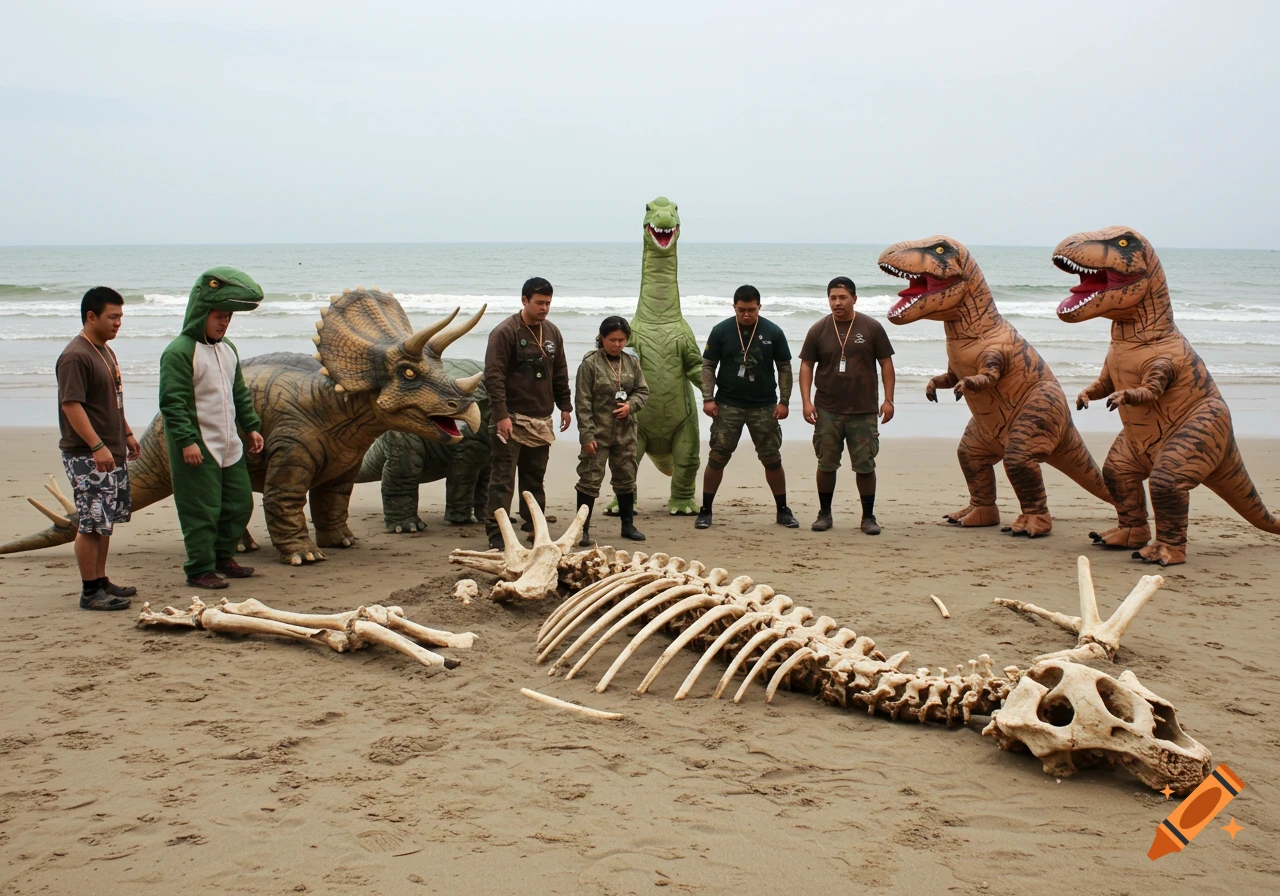 People in dinosaur costumes and a skeleton lie on a beach. on Craiyon