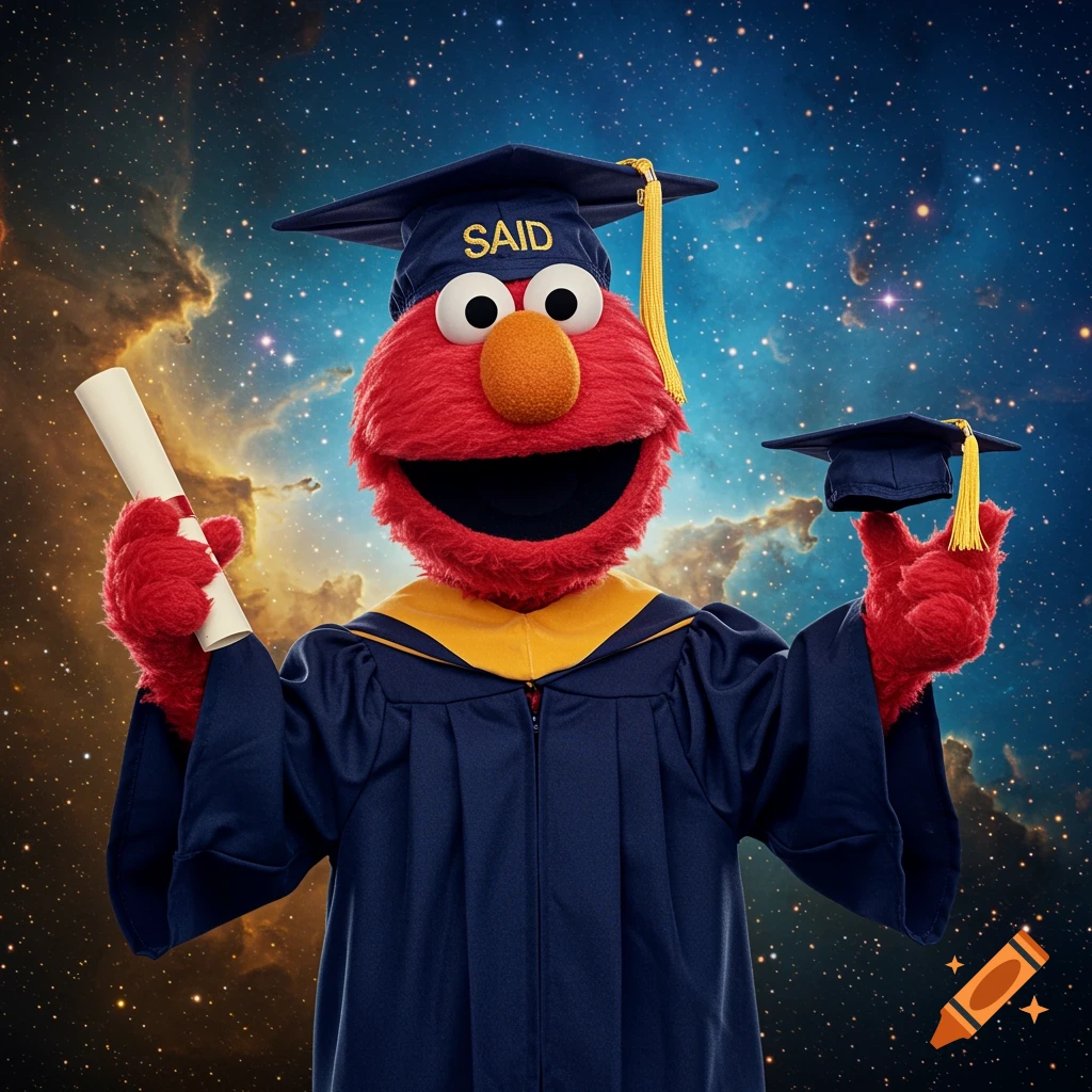 Elmo graduation with navy blue and gold 2025 background, personalized ...