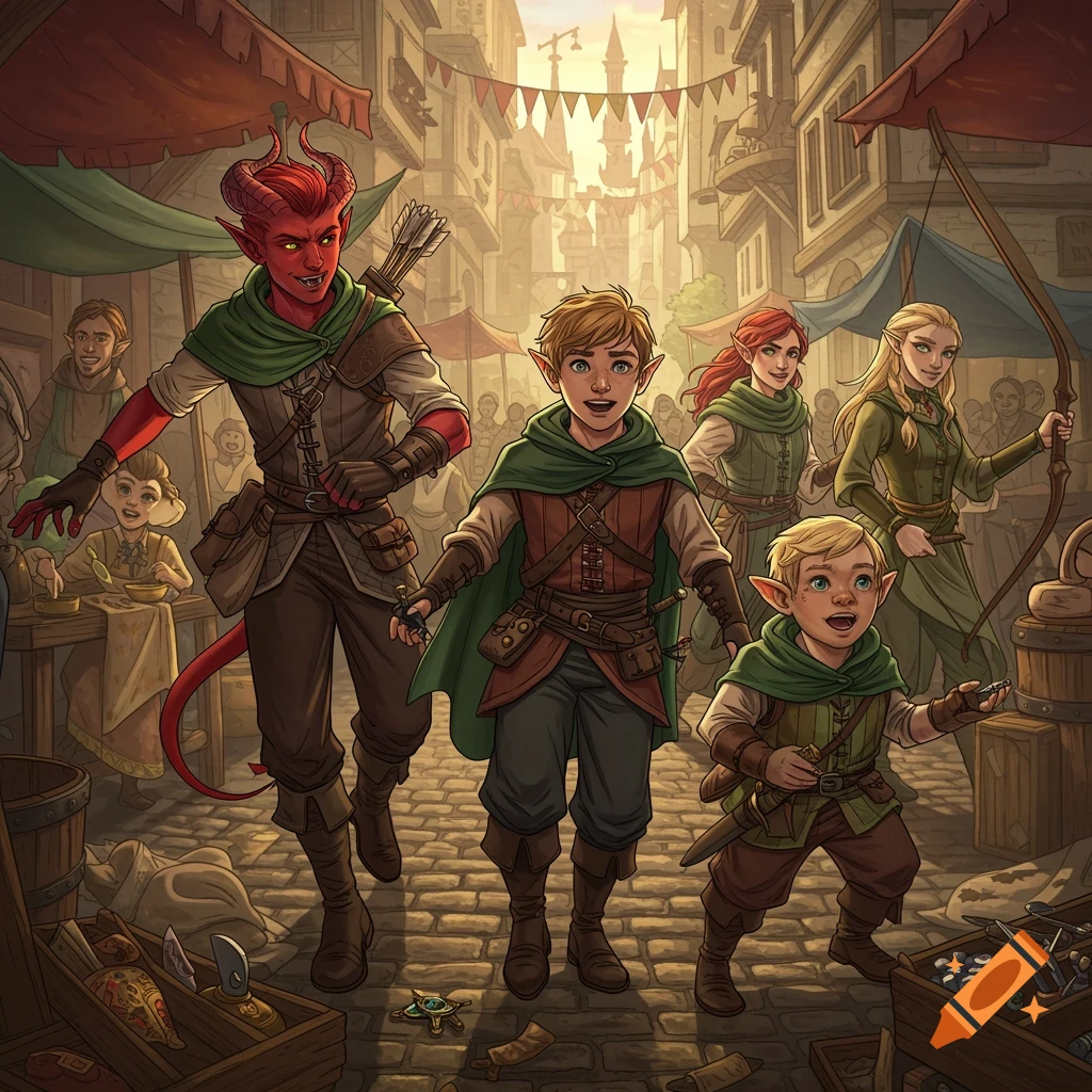 Teen pickpockets in a fantasy city with a tiefling and halfling on Craiyon