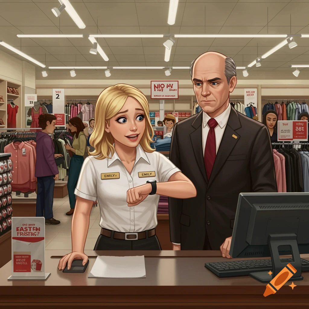 Illustration of a sales clerk looking at her watch while her manager watches in a department ...