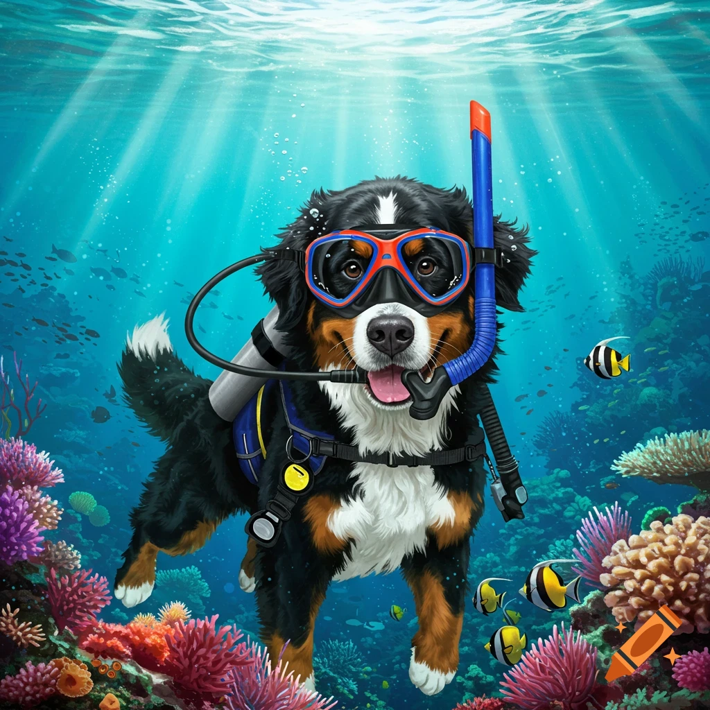 Bernese Mountain Dog SCUBA diver on Craiyon