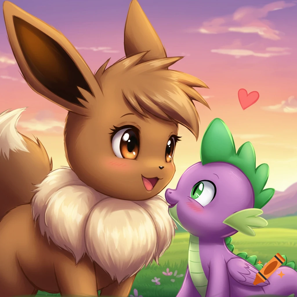 Eevee (Pokémon) kissing Spike (MLP) on Craiyon