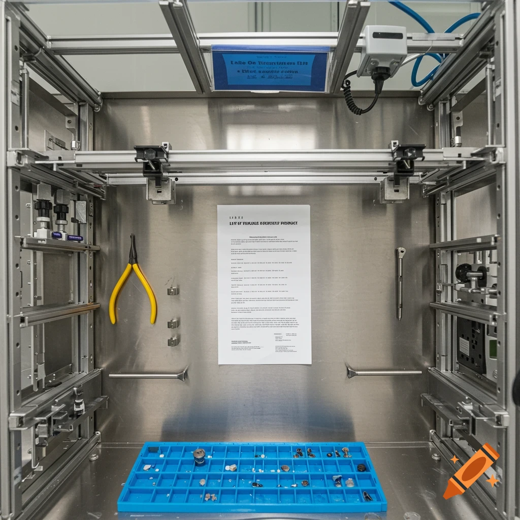 Clean room production area with stainless steel tables and tools list ...