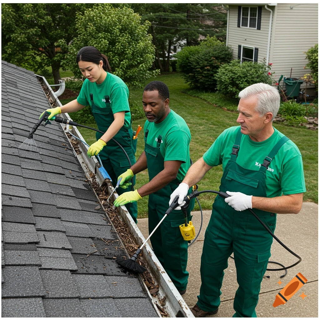 Mixed race home maintenance crew cleaning gutters on Craiyon