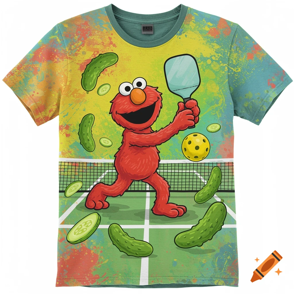 Elmo playing pickleball with pickles t-shirt design on Craiyon