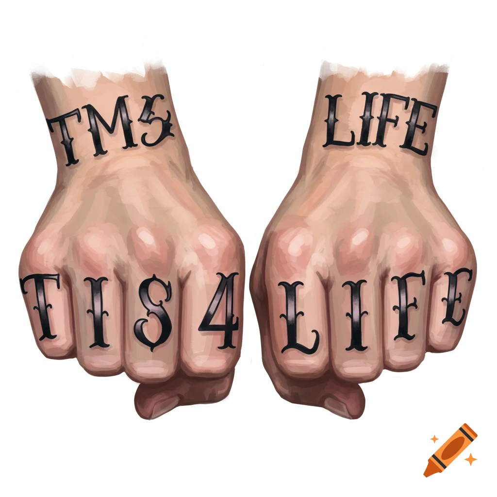 Tattoo with the words TMS4 and LIFE on knuckles on Craiyon