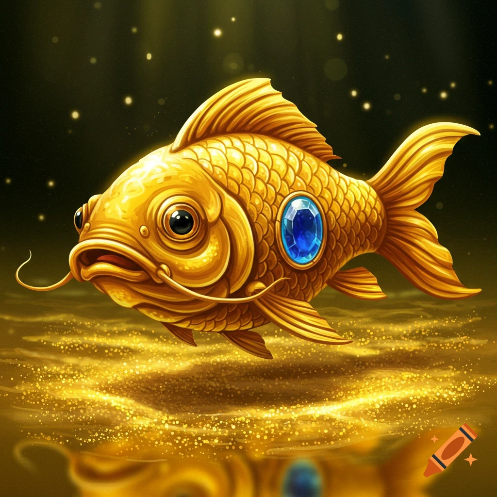 Golden fish with a blue stone in the style of Russian fairy tales on ...